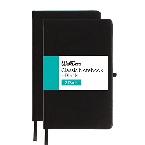 WallDeca Classic Lined Notebook Journal | Hard Cover, 240 Pages, Ruled 8.25 x 5 inches, Ivory 80 GSM Paper | School, Business, College, Notes, Journaling (2-Pack: Black)