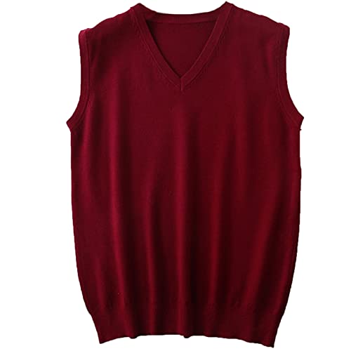 Men'sV-Neck Vest Sweater Solid Color Vest Sleeveless Thick Pullover All-Match Sweater Men Collarles Sknitted Sweater (3X-Large,Red Wine)