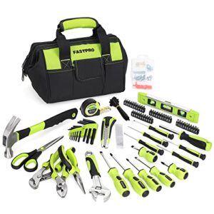 fastpro 220-piece home tool set, household repairing tool kit, with 12-inch wide mouth open storage tool bag, green