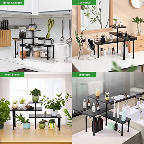 Ollieroo Kitchen Counter Shelf Organizer, 3 Tier Corner Shelf Bamboo Bathroom Countertop Organizer with Hooks, Space Saving Makeup Organizer Spice Rack Corner Plant Shelf