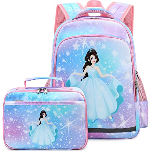 YCBB Kids Backpacks for Girls Princess School Backpack Set with Lunch Tote Bag Lightweight Preschool Kindergarten Elementary School Backpacks