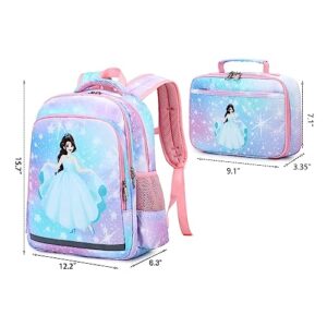 YCBB Kids Backpacks for Girls Princess School Backpack Set with Lunch Tote Bag Lightweight Preschool Kindergarten Elementary School Backpacks