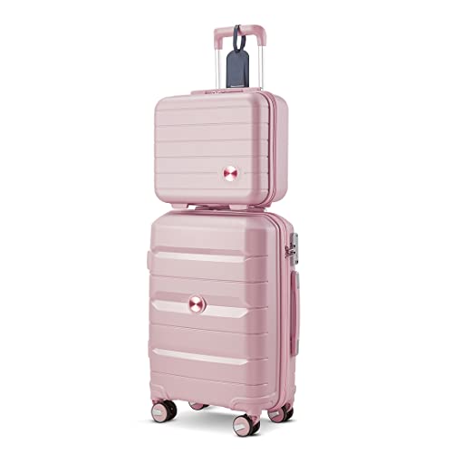 Somago 20IN Carry On Luggage and 14IN Mini Cosmetic Cases Travel Set Hardside Luggage with Spinner Wheels Lightweight Polypropylene Suitcase with TSA Lock (2-Piece Set (14/20), Nude Pink)