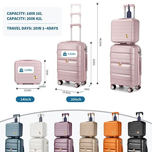 Somago 20IN Carry On Luggage and 14IN Mini Cosmetic Cases Travel Set Hardside Luggage with Spinner Wheels Lightweight Polypropylene Suitcase with TSA Lock (2-Piece Set (14/20), Nude Pink)