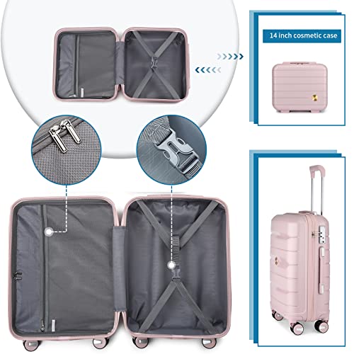 Somago 20IN Carry On Luggage and 14IN Mini Cosmetic Cases Travel Set Hardside Luggage with Spinner Wheels Lightweight Polypropylene Suitcase with TSA Lock (2-Piece Set (14/20), Nude Pink)