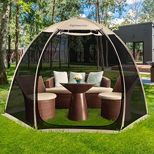 EighteenTek Halloween Decoration Screen House Room Pop Up Gazebo Outdoor Camping Canopy Tent Sun Shade Shelter Mesh Walls Not Waterproof 10’x10’ Beige