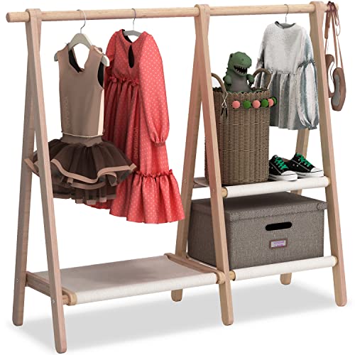 VOGUSLAND Dress up Storage, Kids Clothing Rack Wardrobe with 2-Tier Storage Shelf (47" W x 14.5" D x 40" H, Natural Beech)