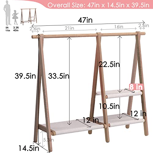 VOGUSLAND Dress up Storage, Kids Clothing Rack Wardrobe with 2-Tier Storage Shelf (47" W x 14.5" D x 40" H, Natural Beech)