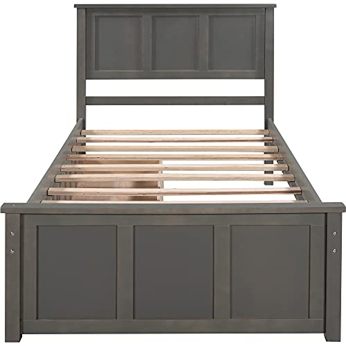 Harper & Bright Designs Twin Bed with Storage Drawers, Solid Wood Platform Bed Frame with Headboard and Footboard- Gray