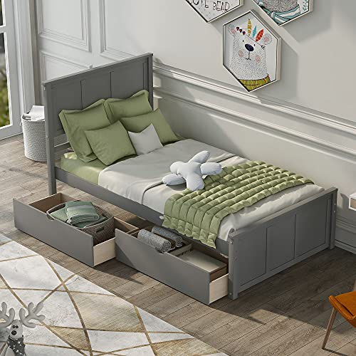 Harper & Bright Designs Twin Bed with Storage Drawers, Solid Wood Platform Bed Frame with Headboard and Footboard- Gray