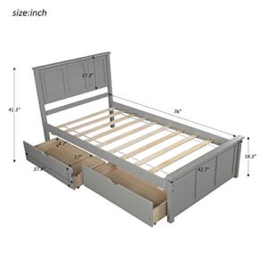 Harper & Bright Designs Twin Bed with Storage Drawers, Solid Wood Platform Bed Frame with Headboard and Footboard- Gray