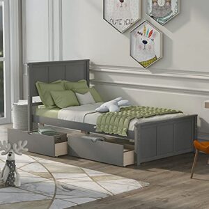 Harper & Bright Designs Twin Bed with Storage Drawers, Solid Wood Platform Bed Frame with Headboard and Footboard- Gray