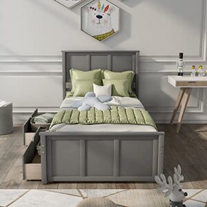 Harper & Bright Designs Twin Bed with Storage Drawers, Solid Wood Platform Bed Frame with Headboard and Footboard- Gray