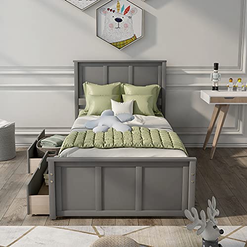 Harper & Bright Designs Twin Bed with Storage Drawers, Solid Wood Platform Bed Frame with Headboard and Footboard- Gray