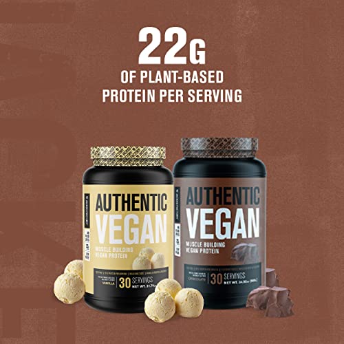 Authentic Vegan Plant Based Protein Powder - 22g of Muscle Building Protein - No Soy, Non-GMO - Sourced from Organic Peas, Mung Beans, Sunflower, Pumpkin & Watermelon Seeds, 30 Servings, Chocolate