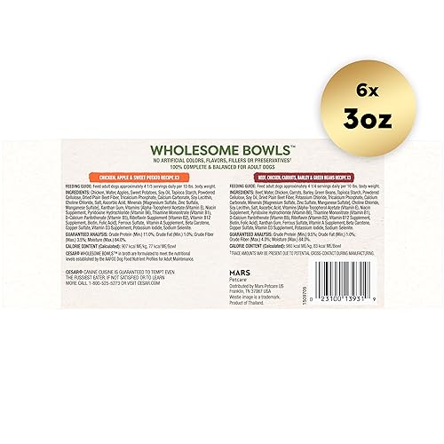 CESAR WHOLESOME BOWLS Adult Soft Wet Dog Food Variety Pack, Beef, Chicken, Carrots, Barley & Green Beans Recipe and Chicken, Apple & Sweet Potato Recipe, (6) 3 oz. Bowls