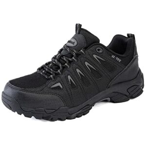 shulook men's waterproof hiking shoes non slip outdoor low top lightweight ankle boots breathable hike trekking trails work shoe black/grey