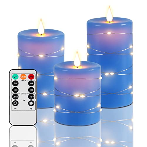 Upinmz Flameless Candle with String of Lights Battery Powered LED Candle Flashing Candle with Remote Control and Timer 3 Packs (Blue)