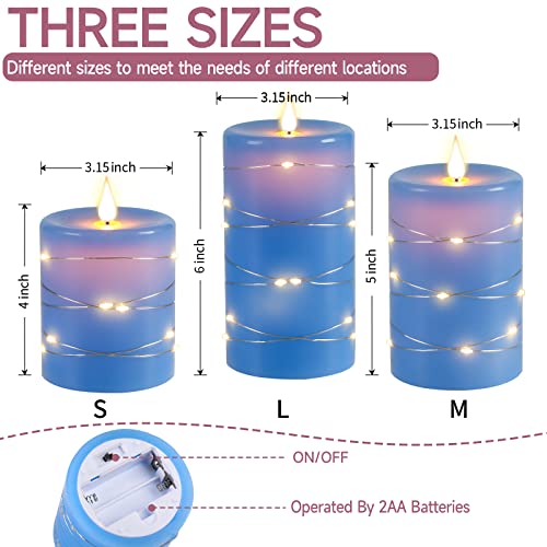 Upinmz Flameless Candle with String of Lights Battery Powered LED Candle Flashing Candle with Remote Control and Timer 3 Packs (Blue)