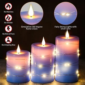 Upinmz Flameless Candle with String of Lights Battery Powered LED Candle Flashing Candle with Remote Control and Timer 3 Packs (Blue)