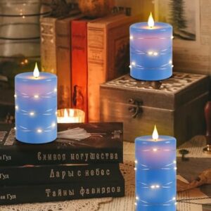 Upinmz Flameless Candle with String of Lights Battery Powered LED Candle Flashing Candle with Remote Control and Timer 3 Packs (Blue)