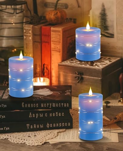 Upinmz Flameless Candle with String of Lights Battery Powered LED Candle Flashing Candle with Remote Control and Timer 3 Packs (Blue)