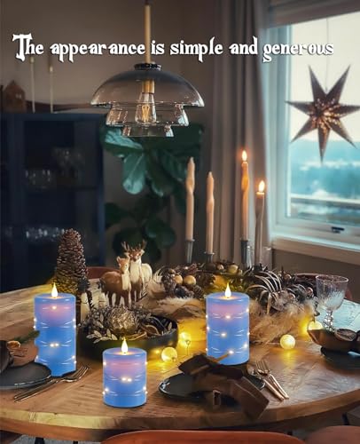 Upinmz Flameless Candle with String of Lights Battery Powered LED Candle Flashing Candle with Remote Control and Timer 3 Packs (Blue)