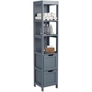 homefort bathroom storage cabinet, slim tall cabinet, narrow floor cabinet organizer, wooden linen tower with 2 drawers and 3 shelves, freestanding storage cupboard (grey)