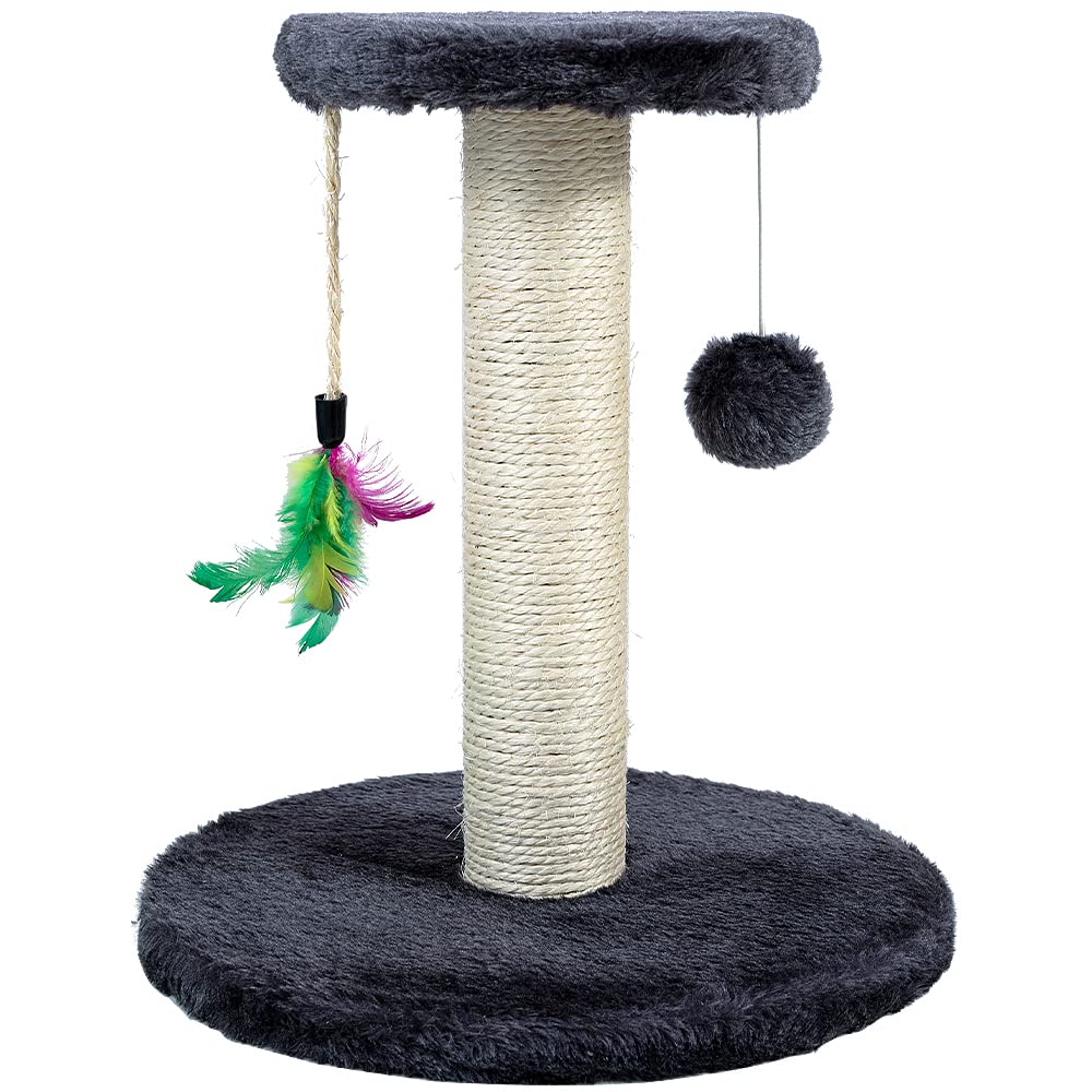 Cat Scratching Post with Premium Natural Sisal Rope - Cats Scratch Post Indoor Play for Small Kitten with Dangling Ball & Feather Toy Covered with Soft Smooth Plush Fabric, Stable Cat Stand (Gray)