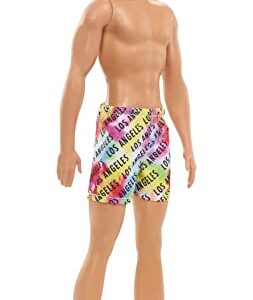 Barbie Ken Beach Doll with Blond Hair Dressed in Colorful Los Angeles-Print Swim Trunks