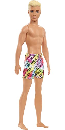 Barbie Ken Beach Doll with Blond Hair Dressed in Colorful Los Angeles-Print Swim Trunks