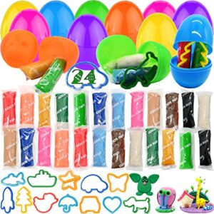 48pcs easter modeling clay kit, 12 easter eggs filled with 24 air dry clay play dough butter slime, 12 tools for kids easter eggs hunt event, easter basket stuffers fillers, easter gift party favor