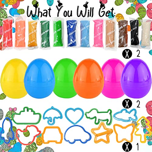 48PCS Easter Modeling Clay Kit, 12 Easter Eggs Filled with 24 Air Dry Clay Play Dough Butter Slime, 12 Tools for Kids Easter Eggs Hunt Event, Easter Basket Stuffers Fillers, Easter Gift Party Favor