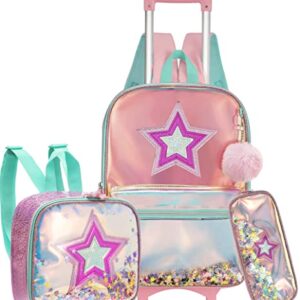 JSMNIAI Girls Rolling Backpacks Wheels Roller Backpack Laptop Travel Luggage with Lunch Box for Elementary Girls Students