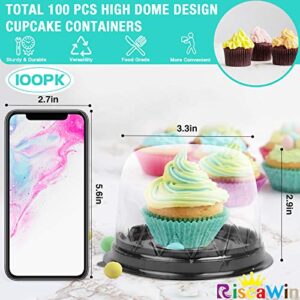 Cupcake Boxes, Individual Cake Container, 100 Pcs Single Disposable Clear Plastic Deep Dome Cupcakes Holders with Lid for Home Shop Party Birthday Wedding Holiday, Cookie Cakes Brownie Storage Carrier