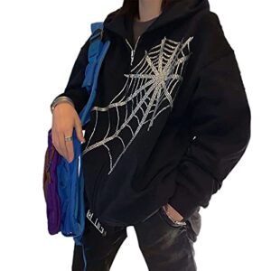 Womens Y2k Rhinestone Spider Web Zip Up Hoodies Vintage Harajuku Oversized Long Sleeve E Girl Streetwear Hoody with Pocket (L, Black)