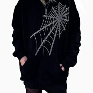 Womens Y2k Rhinestone Spider Web Zip Up Hoodies Vintage Harajuku Oversized Long Sleeve E Girl Streetwear Hoody with Pocket (L, Black)