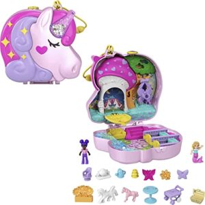 polly pocket compact playset, unicorn tea party with 2 micro dolls & accessories, travel toys with surprise reveals