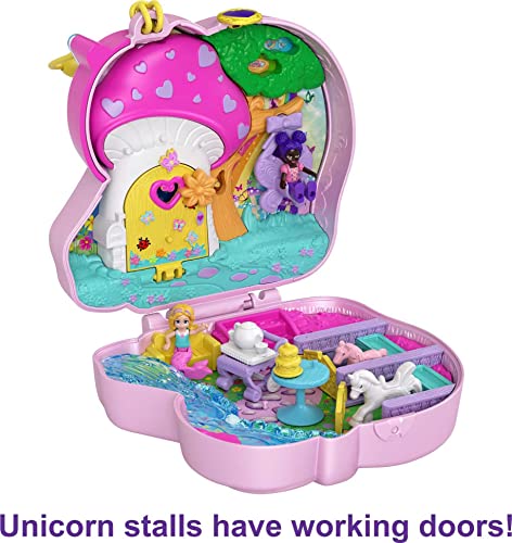 Polly Pocket Compact Playset, Unicorn Tea Party with 2 Micro Dolls & Accessories, Travel Toys with Surprise Reveals