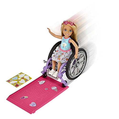 Barbie Chelsea Doll & Wheelchair with Moving Wheels, Ramp, Sticker Sheet & Accessories, Small Doll with Blond Hair