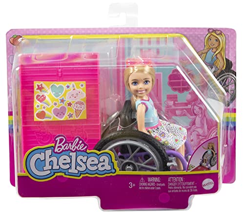 Barbie Chelsea Doll & Wheelchair with Moving Wheels, Ramp, Sticker Sheet & Accessories, Small Doll with Blond Hair