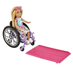 Barbie Chelsea Doll & Wheelchair with Moving Wheels, Ramp, Sticker Sheet & Accessories, Small Doll with Blond Hair