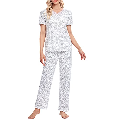 IZZY + TOBY Cotton Pajama Sets, Soft Sleepwear Pjs Set for Women, Summer Pj Short Sleeve Top and Long Pants, Casual Loungewear Ladies Pajamas Gray