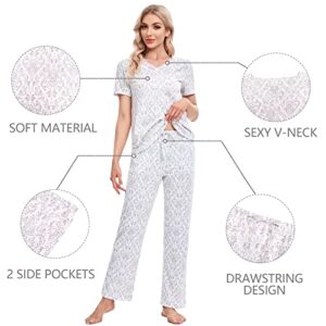 IZZY + TOBY Cotton Pajama Sets, Soft Sleepwear Pjs Set for Women, Summer Pj Short Sleeve Top and Long Pants, Casual Loungewear Ladies Pajamas Gray