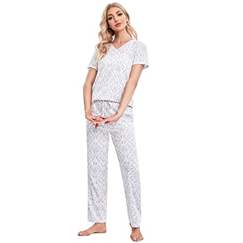 IZZY + TOBY Cotton Pajama Sets, Soft Sleepwear Pjs Set for Women, Summer Pj Short Sleeve Top and Long Pants, Casual Loungewear Ladies Pajamas Gray