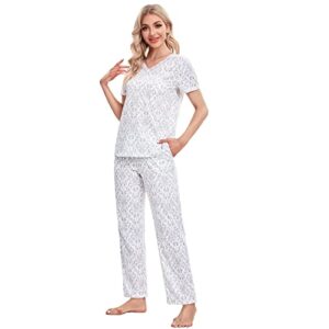 IZZY + TOBY Cotton Pajama Sets, Soft Sleepwear Pjs Set for Women, Summer Pj Short Sleeve Top and Long Pants, Casual Loungewear Ladies Pajamas Gray