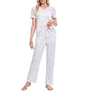 IZZY + TOBY Cotton Pajama Sets, Soft Sleepwear Pjs Set for Women, Summer Pj Short Sleeve Top and Long Pants, Casual Loungewear Ladies Pajamas Gray