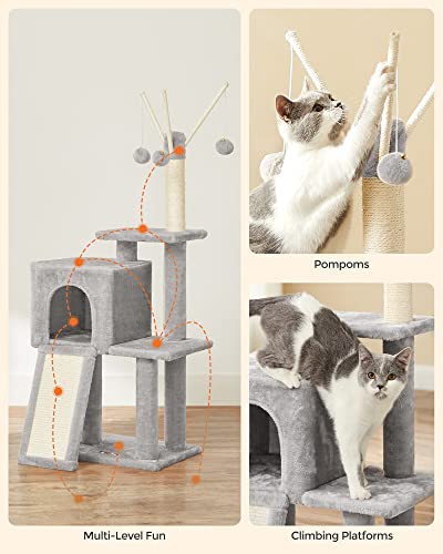 Feandrea Cat Tree, Small Cat Tower for Indoor Cats, Kittens, Multi-Level Plush Cat Condo, 16.5 x 12.6 x 46.5 Inches, Scratching Post, Ramp, 3 Removable Pompom Sticks, Cat Cave, Light Gray UPCT143W01