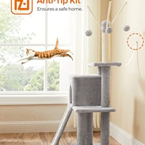 Feandrea Cat Tree, Small Cat Tower for Indoor Cats, Kittens, Multi-Level Plush Cat Condo, 16.5 x 12.6 x 46.5 Inches, Scratching Post, Ramp, 3 Removable Pompom Sticks, Cat Cave, Light Gray UPCT143W01