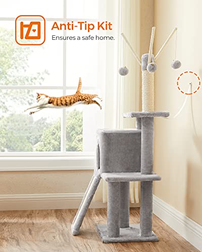 Feandrea Cat Tree, Small Cat Tower for Indoor Cats, Kittens, Multi-Level Plush Cat Condo, 16.5 x 12.6 x 46.5 Inches, Scratching Post, Ramp, 3 Removable Pompom Sticks, Cat Cave, Light Gray UPCT143W01